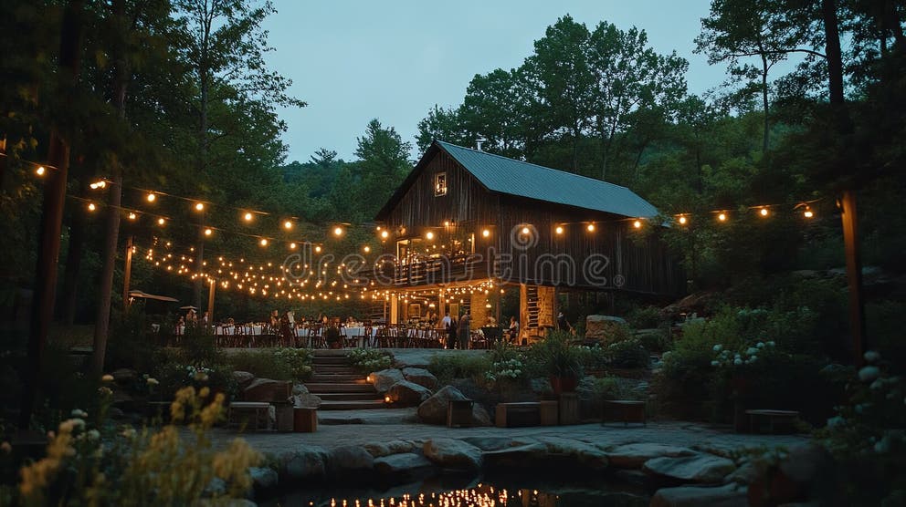 Solar-powered String Lights Lighting Up a Barn Wedding Venue . Stock ...