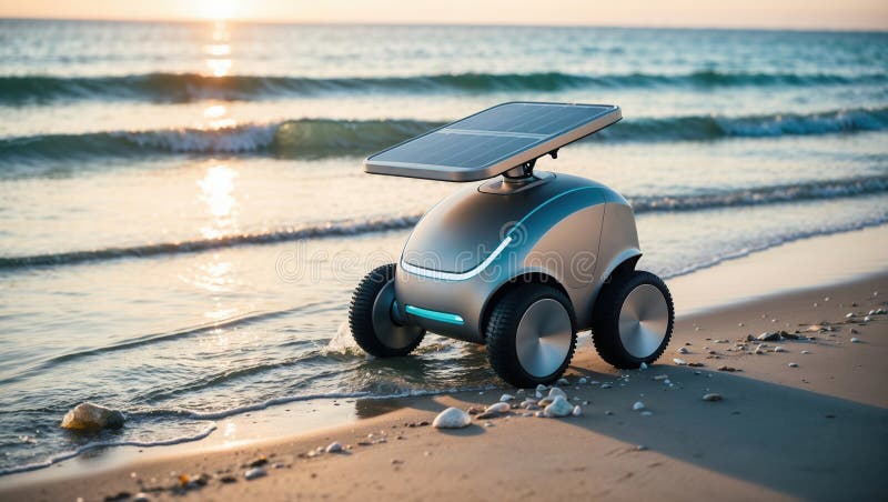 Solar-Powered Trash Cleaner Robot on Beach at Sunset Stock Illustration ...