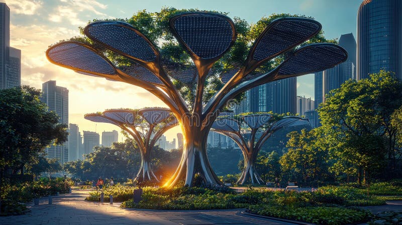 Solar-powered Tree Structures in Urban Park Setting Stock Photo - Image ...