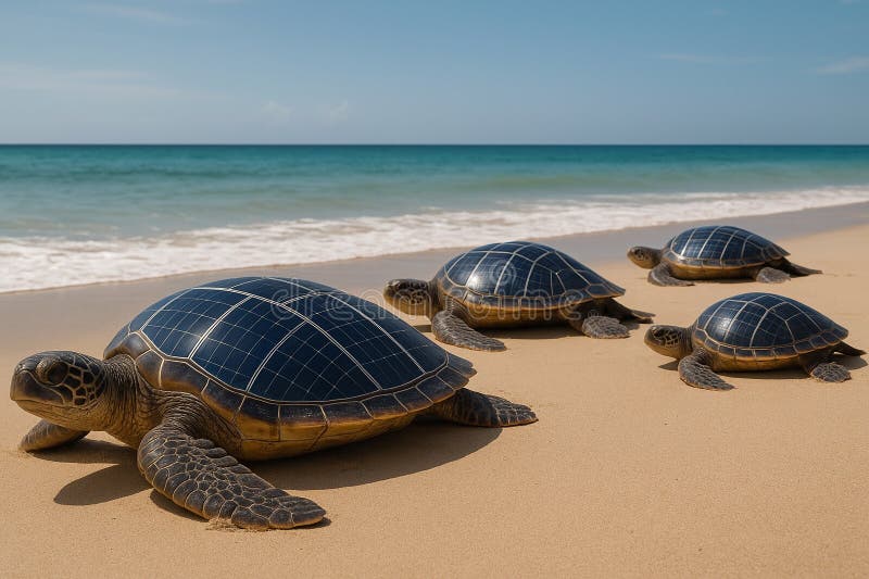 Solar-Powered Turtles on Sandy Beach Stock Illustration - Illustration ...