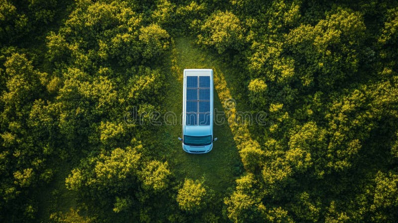Solar Powered Van in Lush Green Forest Aerial View Stock Illustration ...