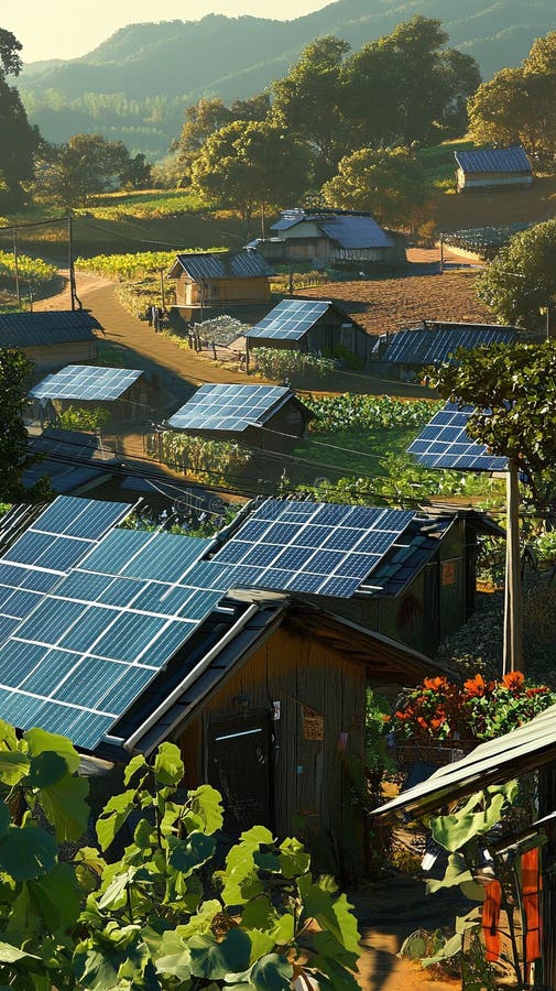 Solar-powered Village Basking in Bright Sunlight with Panels Visible on ...