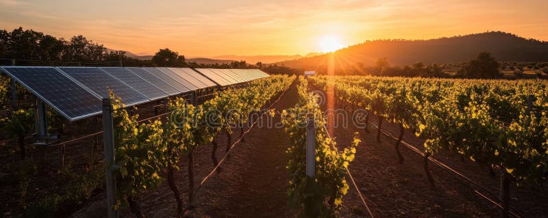 Solar-powered Vineyard at Sunset with Lush Grapevines and Modern ...
