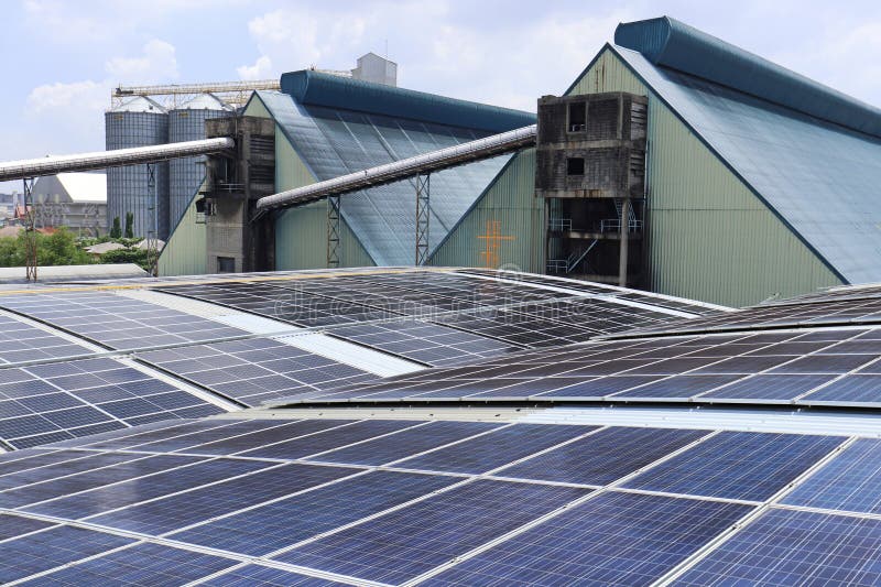 Solar PV on Factory Roof with Triangle Warehouse Background Stock Photo ...