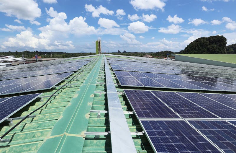 Solar PV Rooftop System with Facility Cloudy Sky Background Stock Photo ...