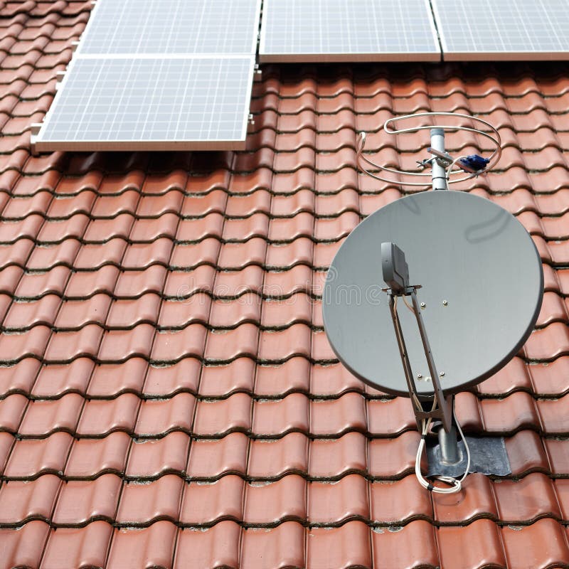 Solar Roof with Satellite Dish Stock Photo - Image of generator, home ...