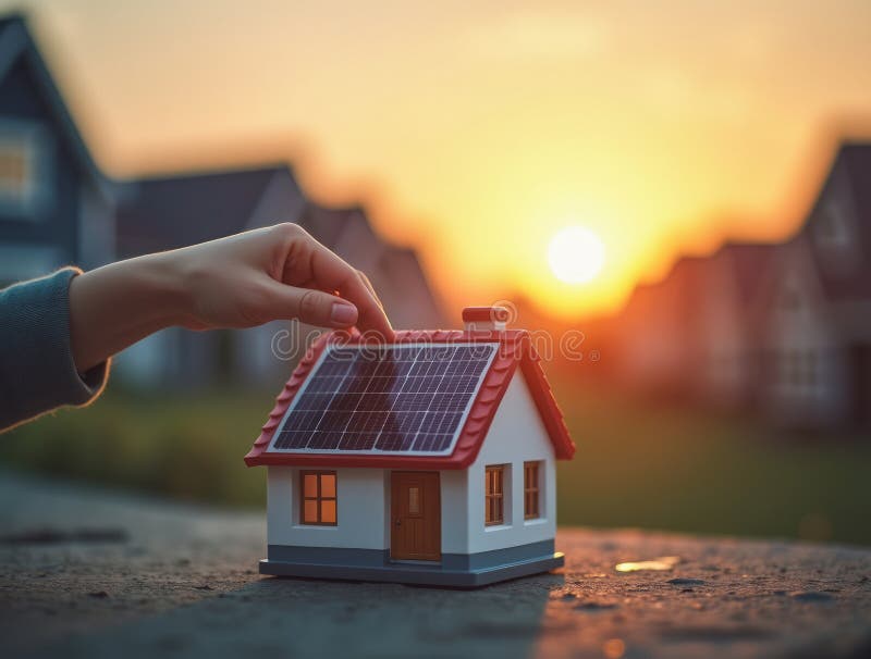 Solar Savings and Impact: Childâ€™s Hands Placing a Toy Solar Panel on ...