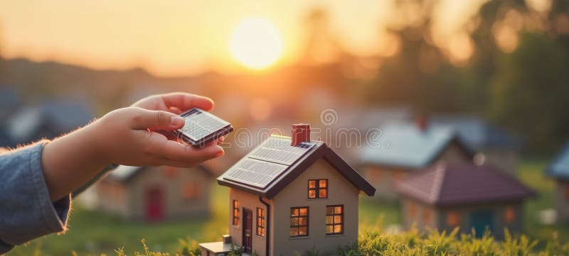 Solar Savings and Impact: Childâ€™s Hands Placing a Toy Solar Panel on ...