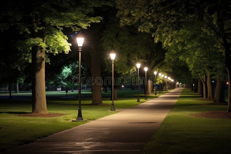 Solar Street Lights Illuminating a Park Pathway Stock Illustration ...