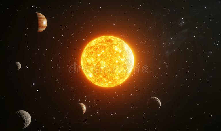 Solar System with Bright Sun and Orbiting Planets in Deep Space Stock ...