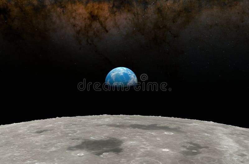Earth Rising Over Moon`s Horizon - Isometric View 3d Illustration Stock ...