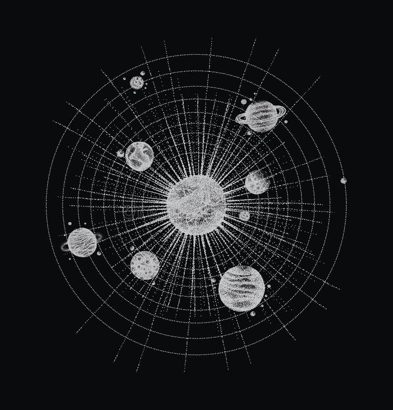 Solar System in Dotwork Style. Planets in Orbit. Vintage Hand Drawn ...