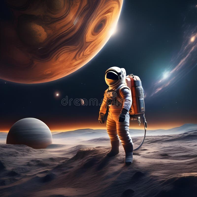 Solar System Exploration, Astronaut Floating Near a Distant Planet ...