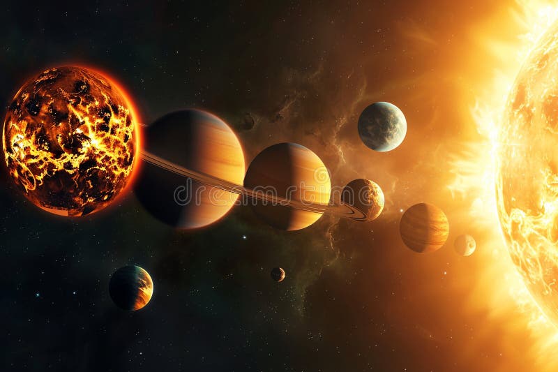 Solar System with a Fiery Sun Stock Illustration - Illustration of ...