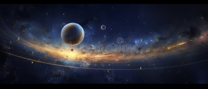 Solar System, Gold and a Little Blue, Surrounded by Particles, Solid ...