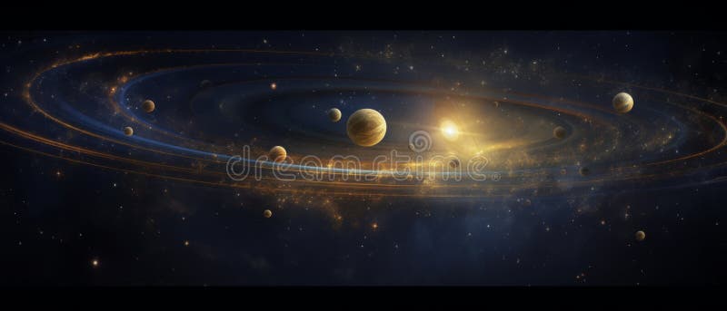 Solar System, Gold and a Little Blue, Surrounded by Particles, Solid ...