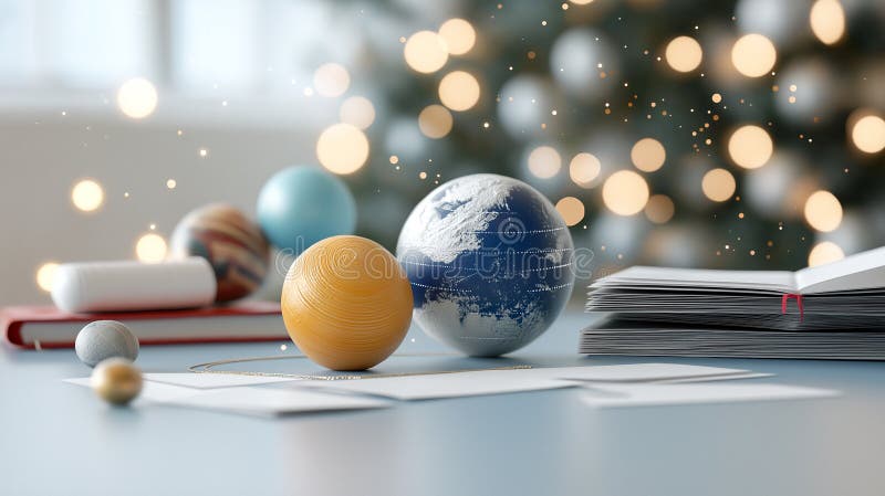 Solar System Model Displayed on School Desk Surrounded by Books and ...
