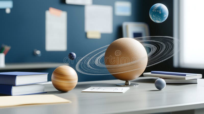 Solar System Model on School Desk Surrounded by Books Showcasing ...