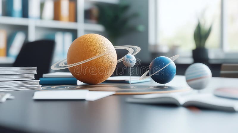 Solar System Model on School Desk Surrounded by Books Showcasing ...