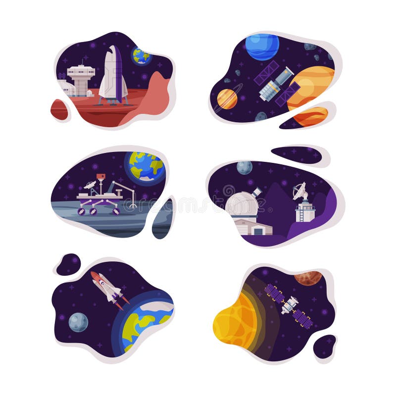 Solar System Planet with Lunar Rover and Flying Satellite Vector Set ...