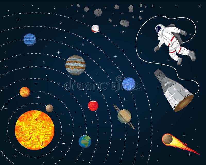 Solar System Planets and Astronaut Stock Illustration - Illustration of ...