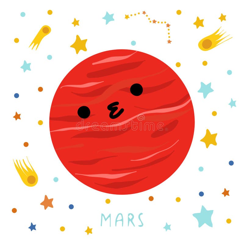 Solar System of Planets for Kids. Mars with Cartoon Face. Vector ...
