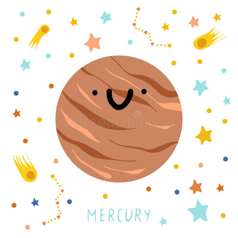 Solar System of Planets for Kids. Mercury with Cartoon Face. Vector ...
