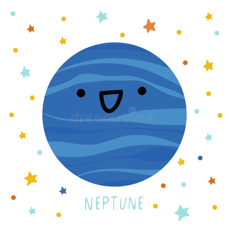 Solar System of Planets for Kids. Neptune with Cartoon Face. Vector ...