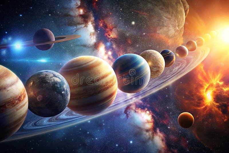 Solar System Planets Orbiting Star, Cosmic View, Background Explosion ...