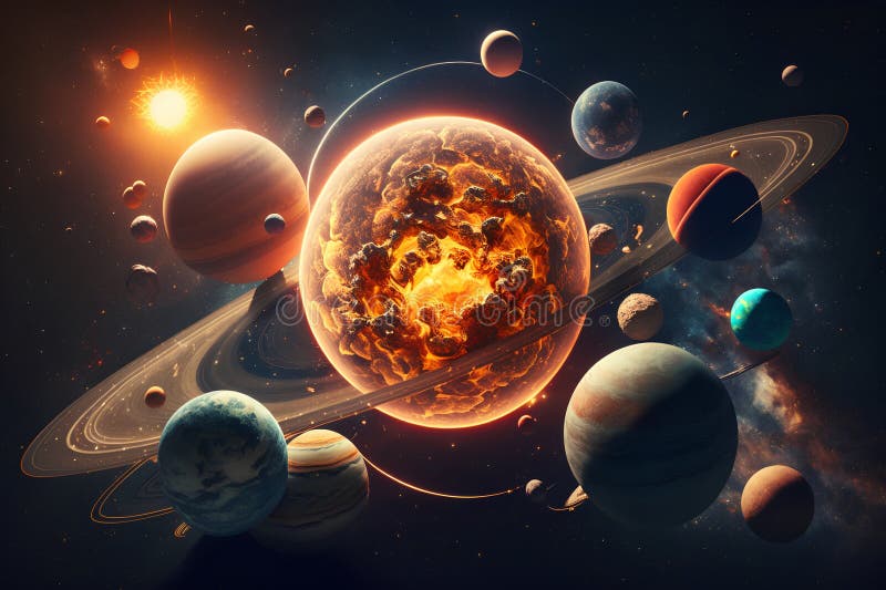 Solar System with Planets, Stars and Galaxies in Space. 3D Rendering ...