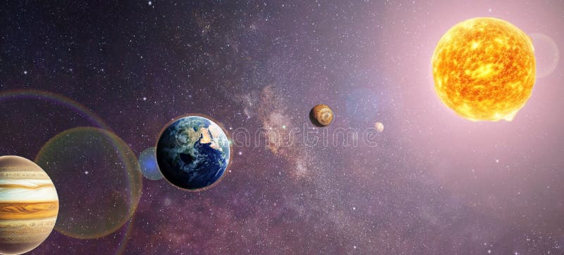 Solar System with Views of the Sun and the Planet Earth and Mars and ...