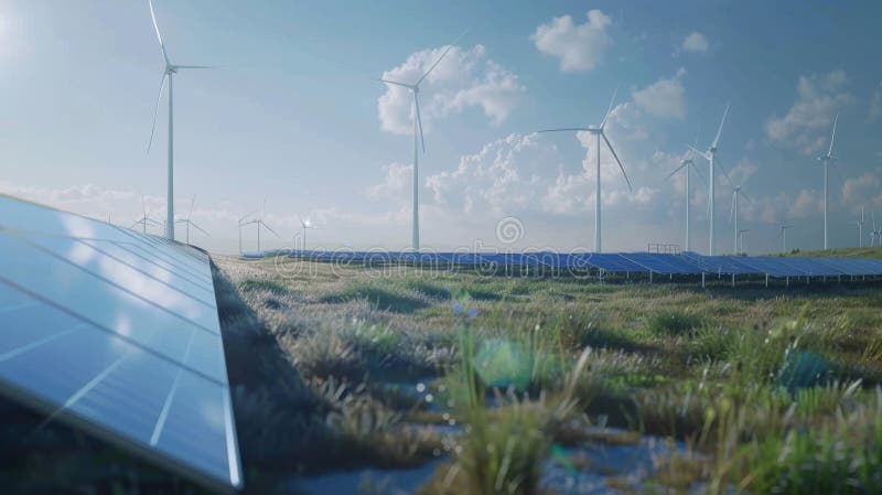 The Solar and Wind Farm. AI Generated Stock Photo - Image of grass ...