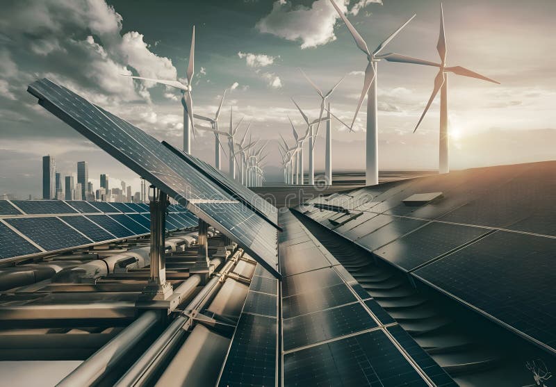 Solar and Wind Infrastructure Technology. Conceptual Digital Artwork ...