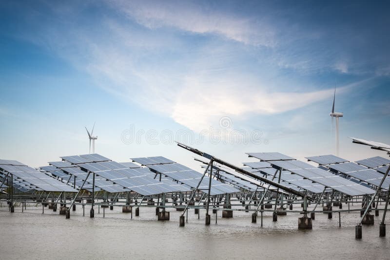 Solar and Wind Power in Coastal Mud Flat Stock Image - Image of blue ...