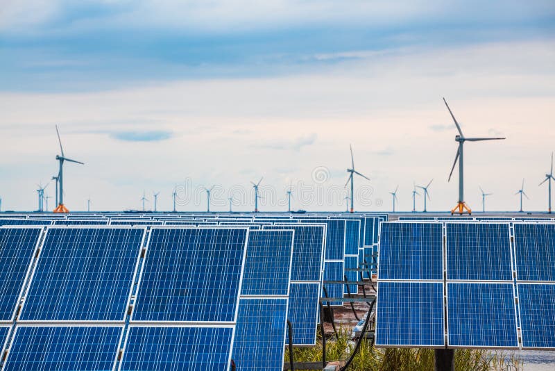 Solar and Wind Power in Mud Flat Stock Photo - Image of innovation ...