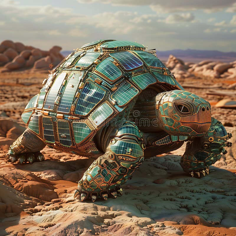 SolarPowered Tortoise Robot in Desolate Rocky Landscape Stock ...