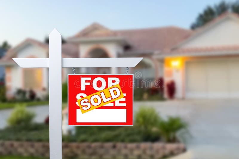 Sold Home for Sale Sign in Front of New House. Stock Photo - Image of ...
