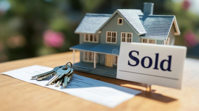 Sold House Model with Keys and Contract on Wooden Table Stock ...