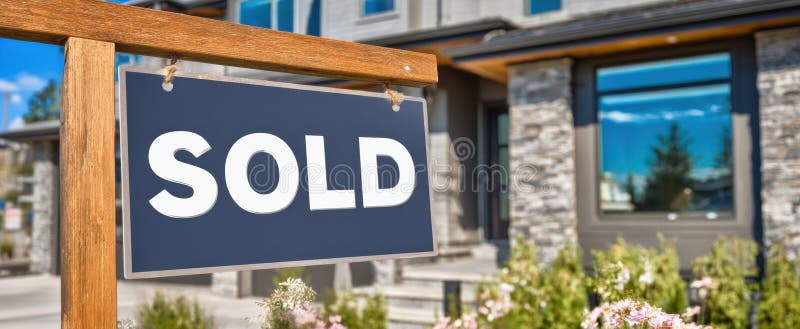 The Sold Sign in Front of a Beautiful Modern Family Home..AI Generated ...