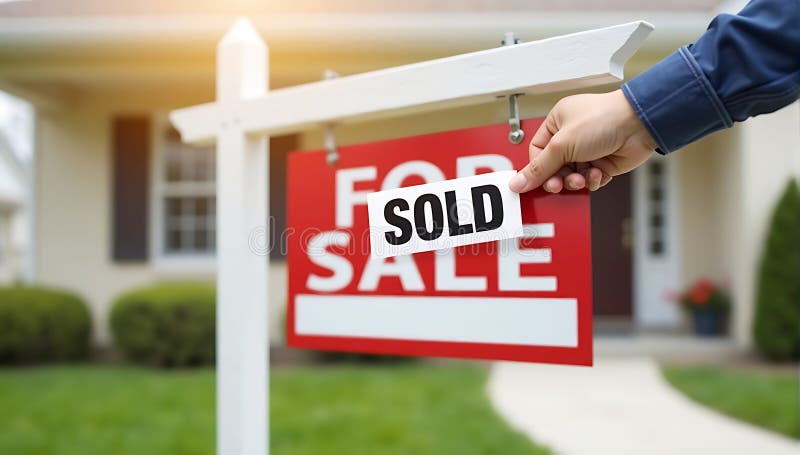 A Sold Sticker Being Placed Over a for Sale Sign in Front of a House ...