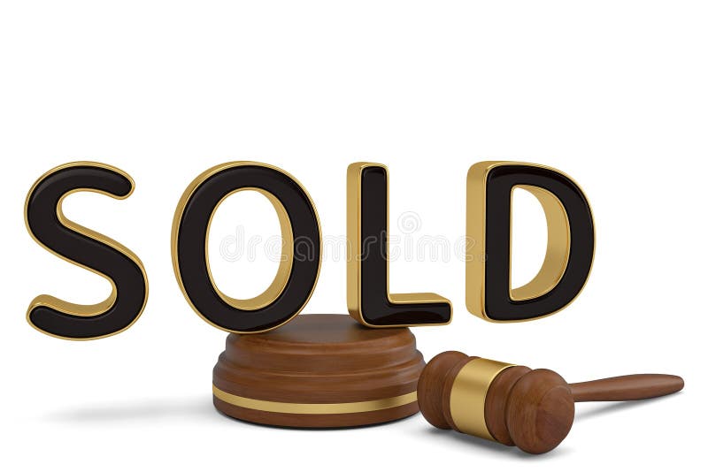 Sold Word and Auction Hammer on White Background.3D Illustration Stock ...