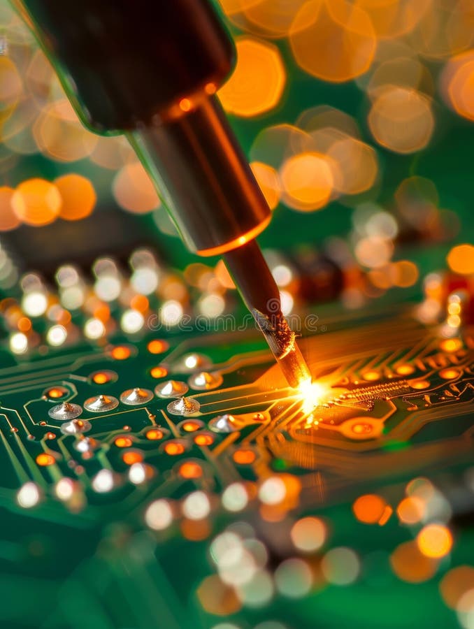 A Soldering Iron Tip Emits a Warm Light As it Solders a Component on a ...