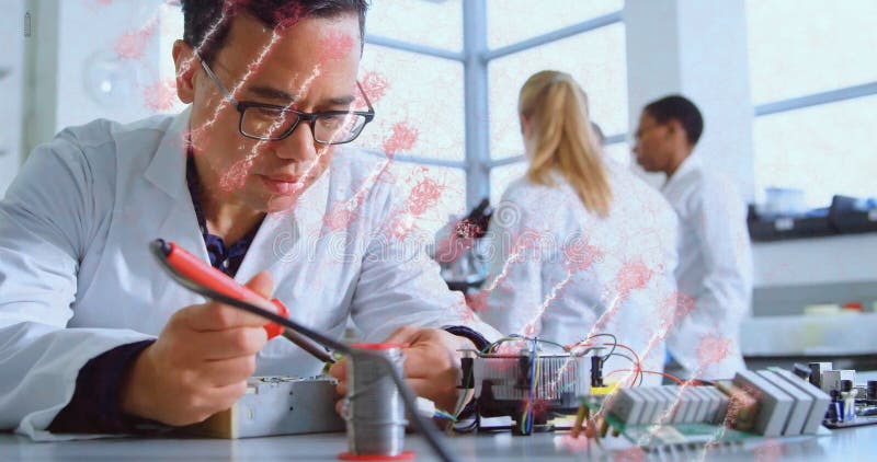 Soldering Man in White Coat Using Soldering Iron on Circuit Board at Lab Bench, with Microscope ...