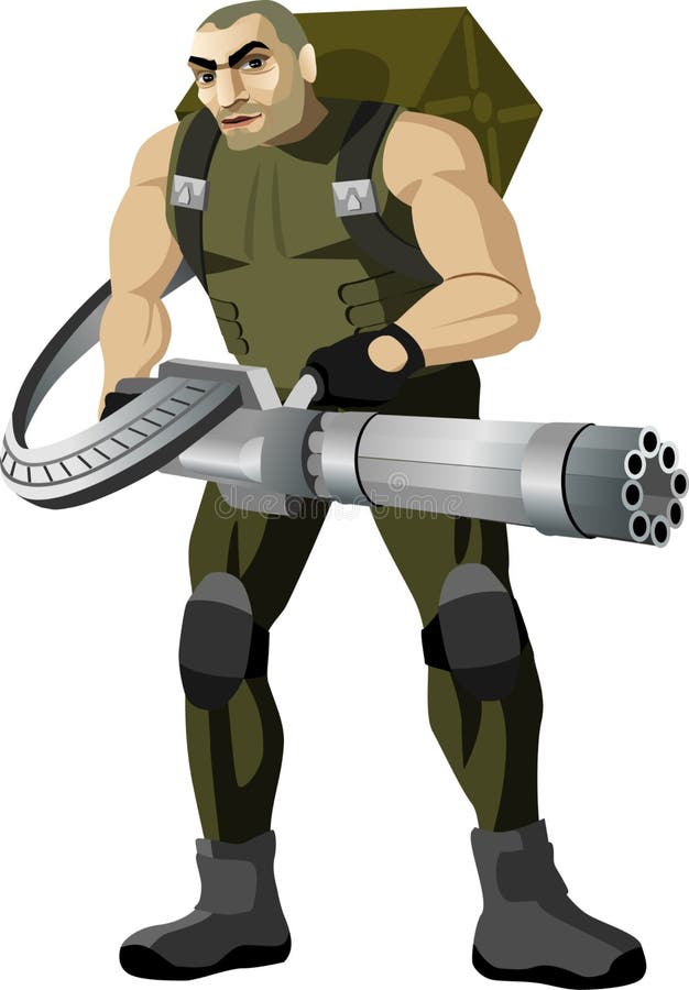 Cartoon Muscle Soldier with Big Machine Gun Stock Illustration ...