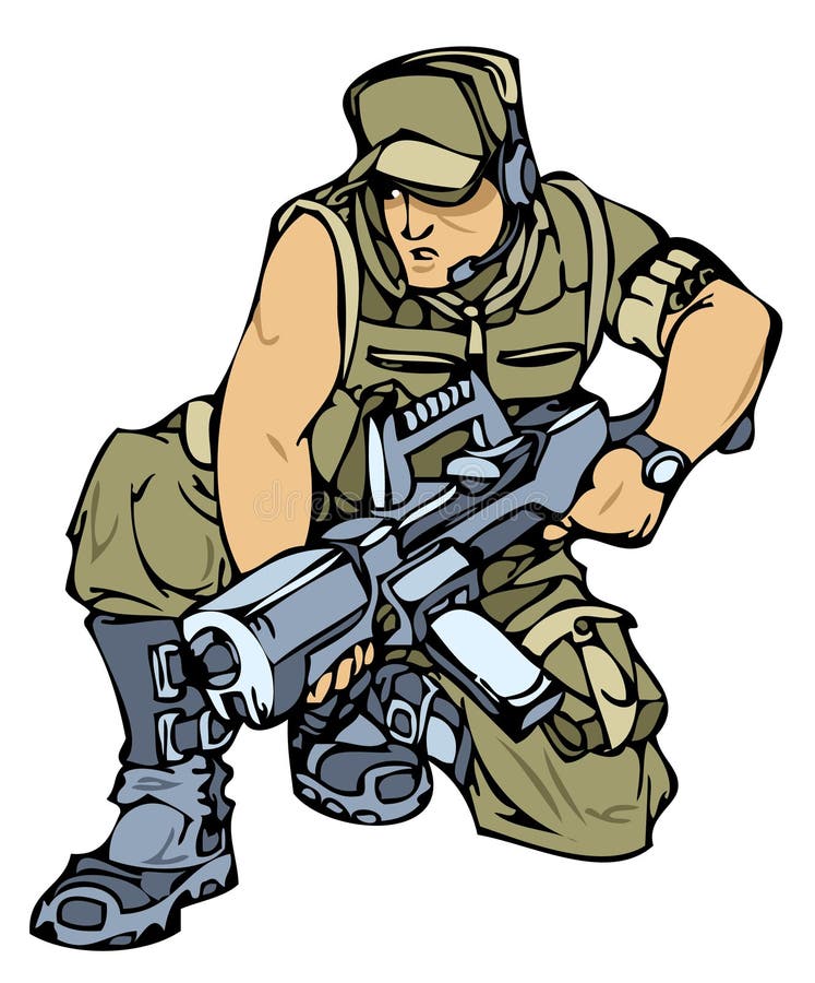 Cartoon Muscle Soldier with Big Machine Gun Stock Illustration ...