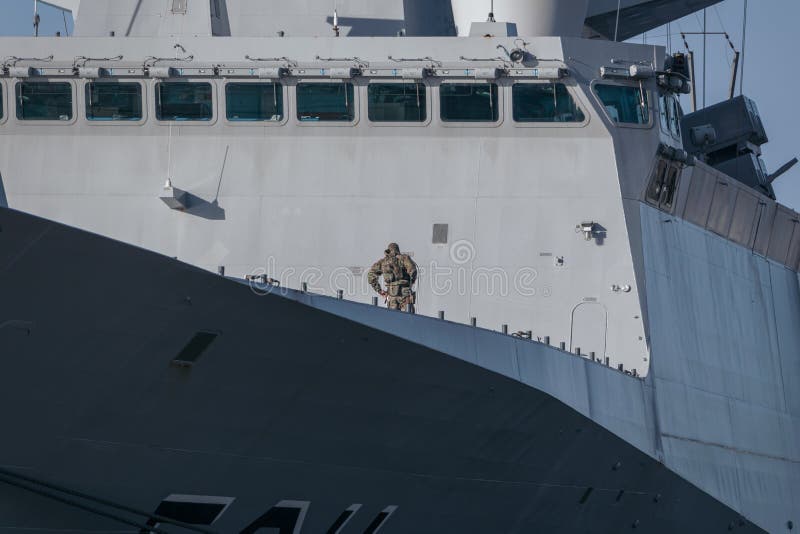 Soldier Aboard an Army Warship. Security of Army Ships Editorial ...