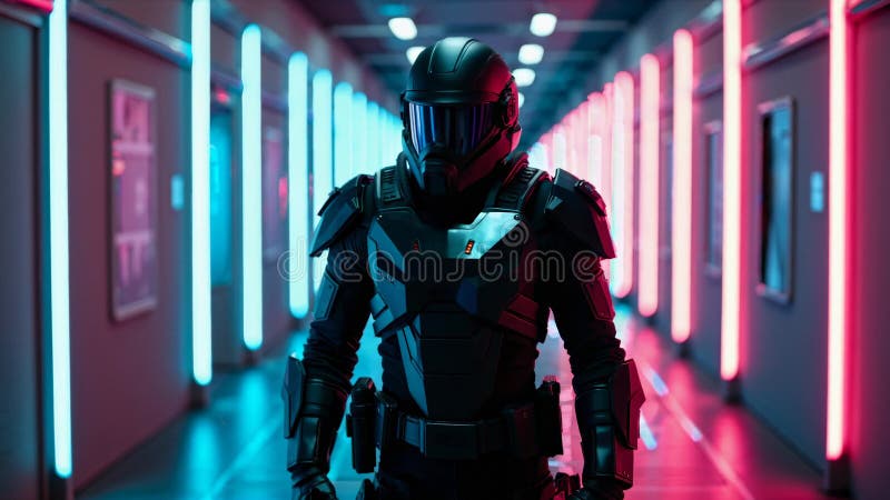 Futuristic Soldier Stands Confidently in a Neon-lit Corridor during a ...