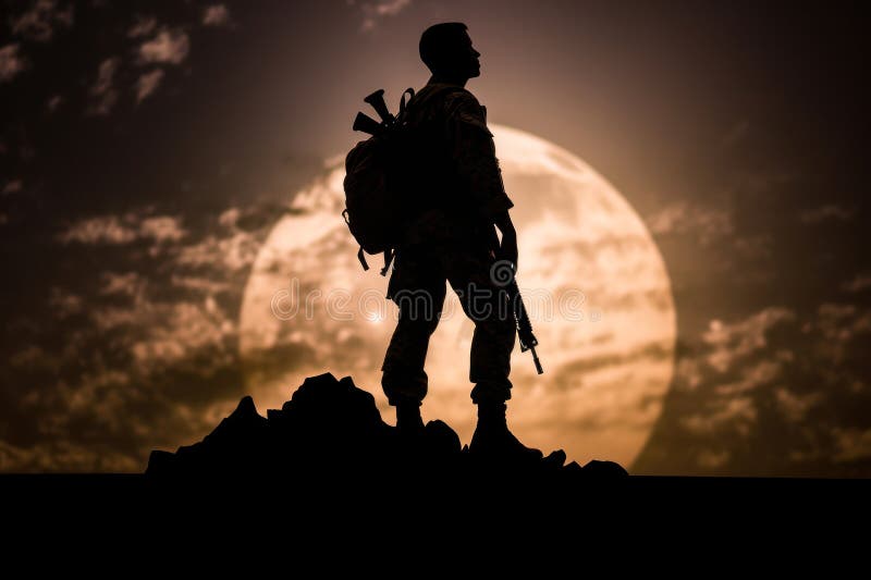 Soldier Against the Backdrop of the Full Moon Generative Ai Stock Photo ...