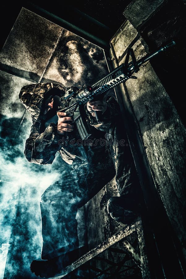Soldier Aiming at Target with Rifle and Laser Stock Photo - Image of ...