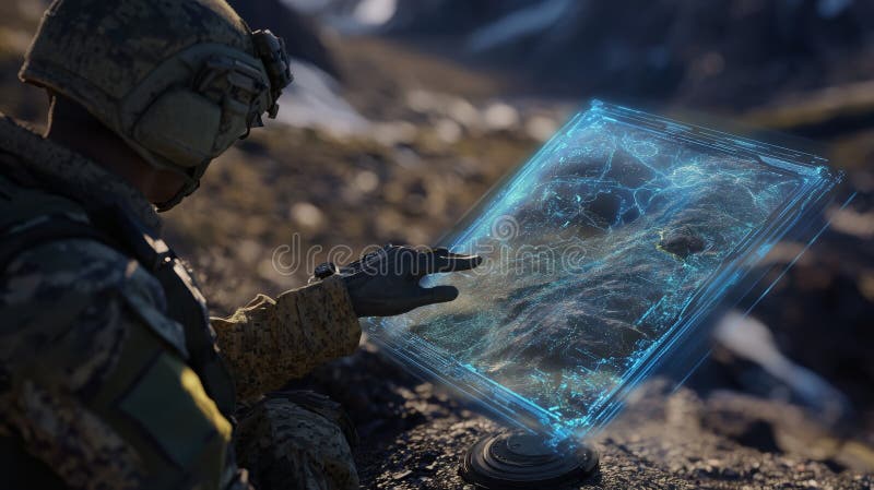 Soldier Analyzes Holographic Map of Terrain in Remote Landscape ...